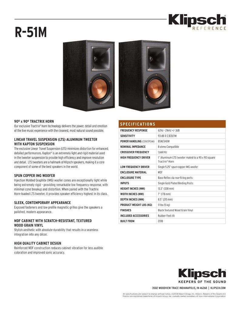 Klipsch R-51-M Bookshelf Speakers Pack of 2, Black B-stock – Sound ...